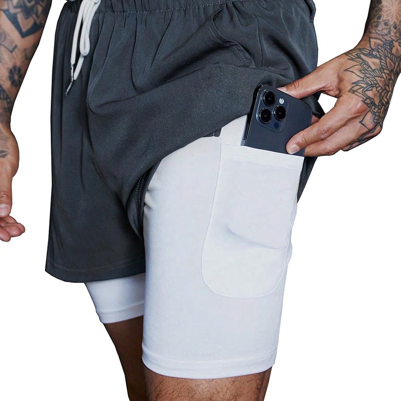 Men Compression 2 In 1 Polyester Fitness Pocket Gym Short Workout ...